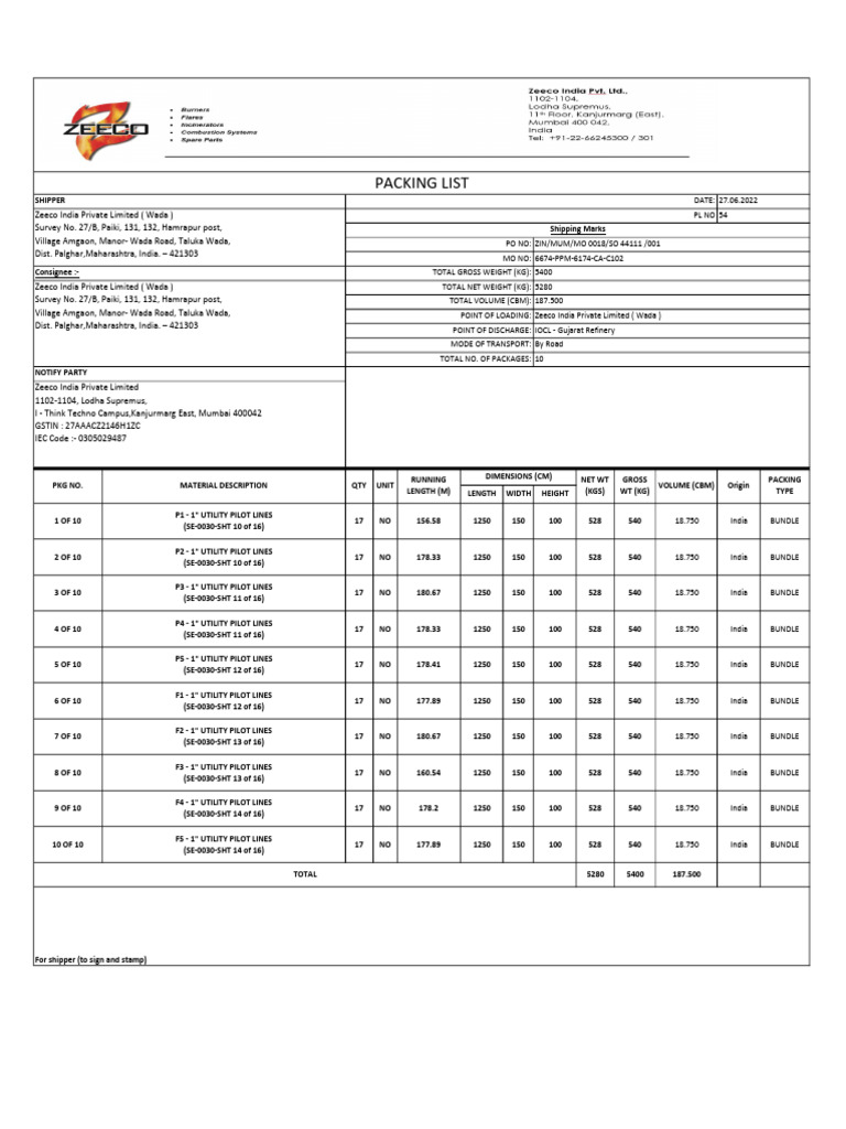44111 - 1 Inch Hc Pipe Line Packing List | PDF