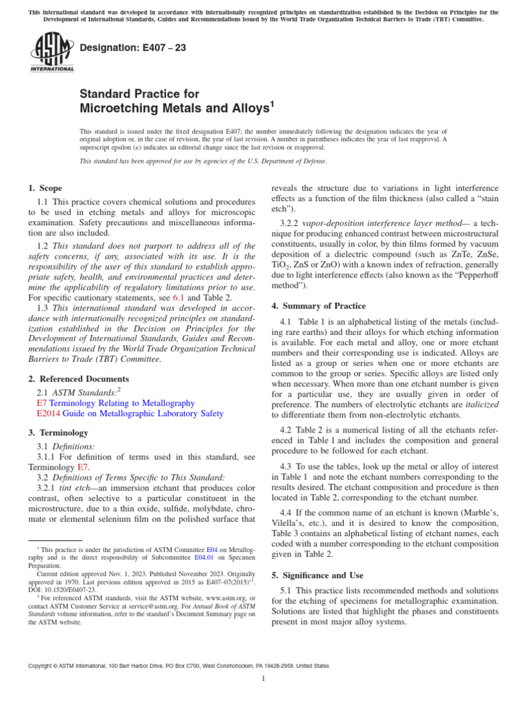 ASTM E407 Microstructure Etching | PDF | Water | Materials