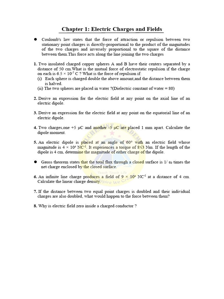 1 and 2 Electrostatics | PDF | Electric Field | Capacitance