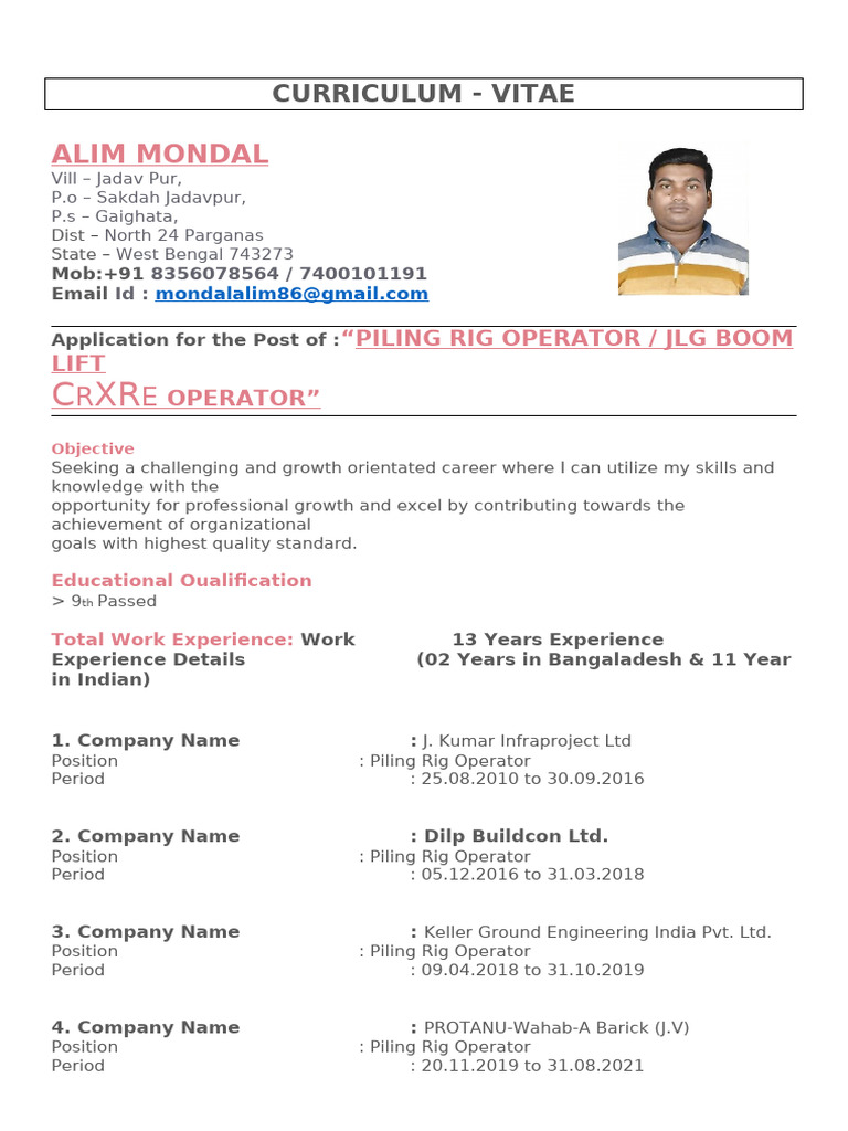 Alim Mondal - Piling Rig Operator CV | PDF