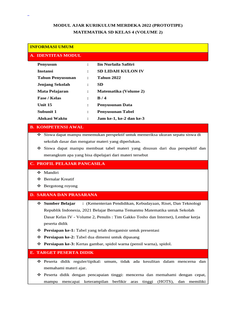 Modul Ajar Kls 4 Penyajian Data | PDF