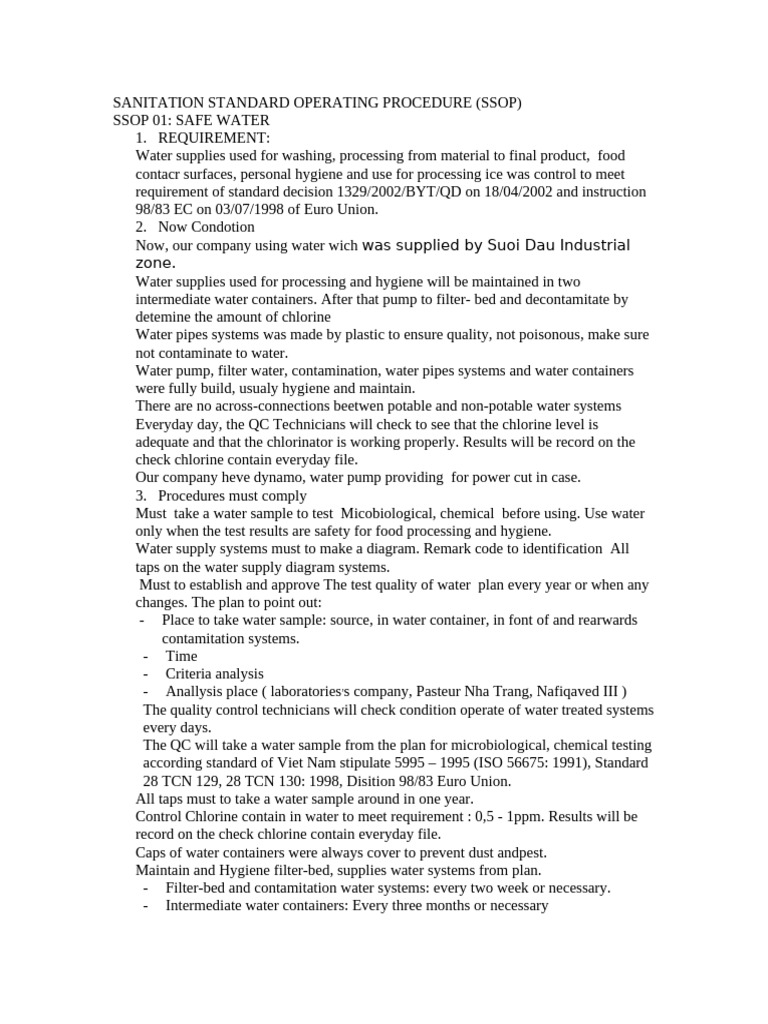 Sanitation Standard Operating Procedure | PDF | Drinking Water | Hygiene