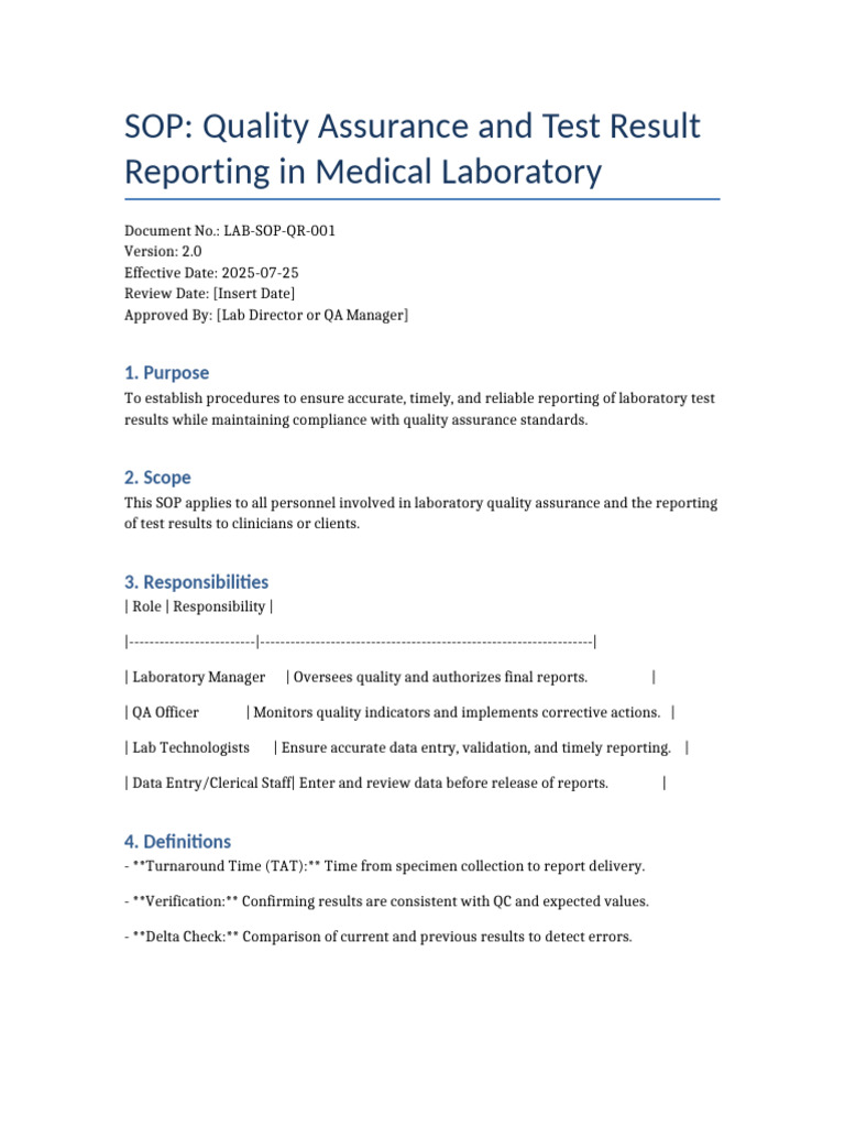 SOP Quality Reporting Medical Lab | PDF | Quality Assurance ...