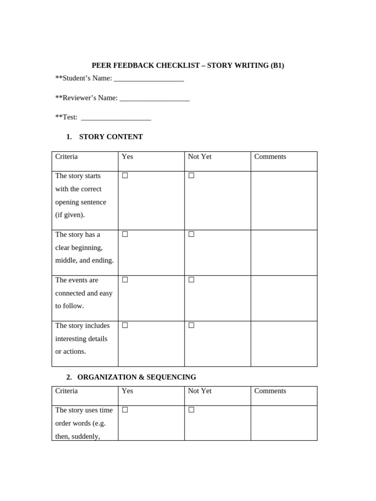 Peer Feedback Checklist Story Writing B1 | PDF