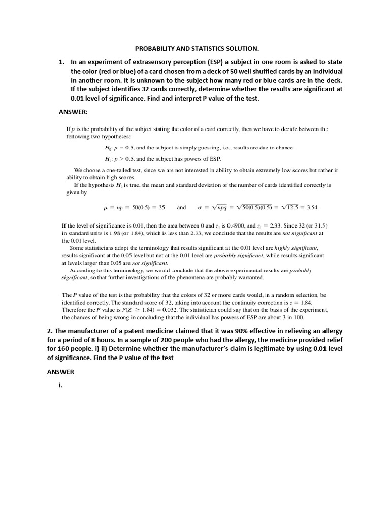 Probability and Statistics Hypothesis Tests | PDF | P Value | Standard ...