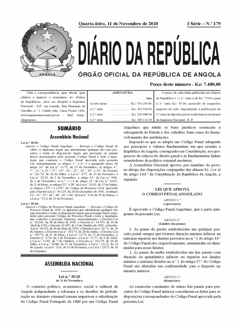 Lei Nº38-20-Código Penal Angolano - CPA | PDF