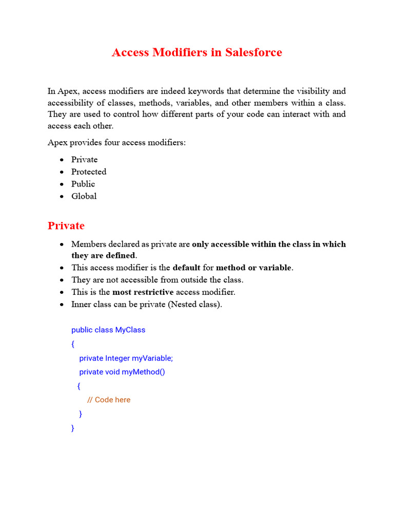 Access Modifiers in Apex Explained | PDF | Class (Computer Programming) | Method (Computer ...