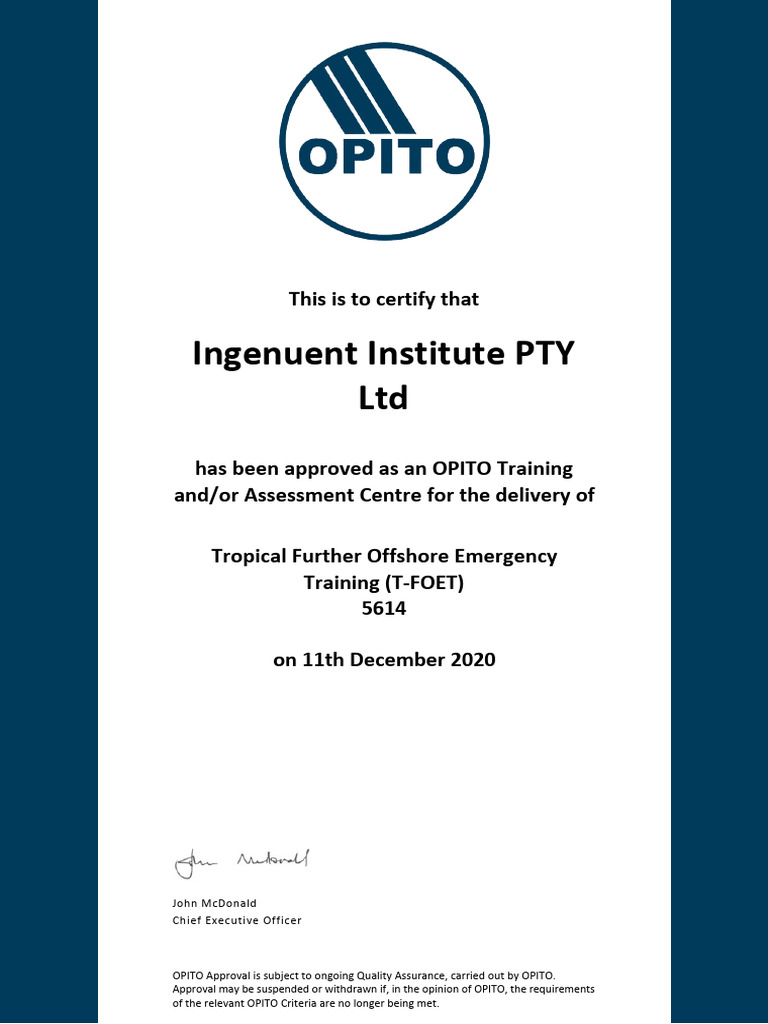 OPITO Certification for T-FOET Training | PDF
