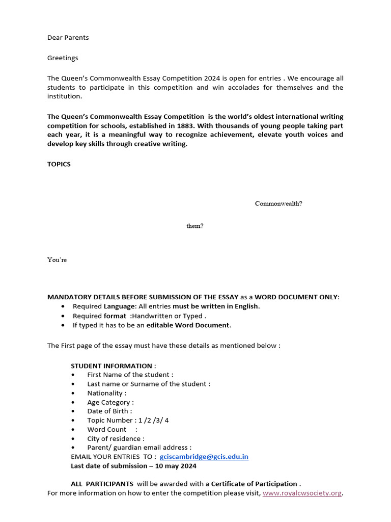 Queens Commonwealth Essay Competition | PDF | Commonwealth Of Nations