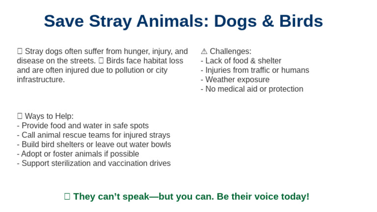 Save Stray Animals One Page Dogs Birds | PDF