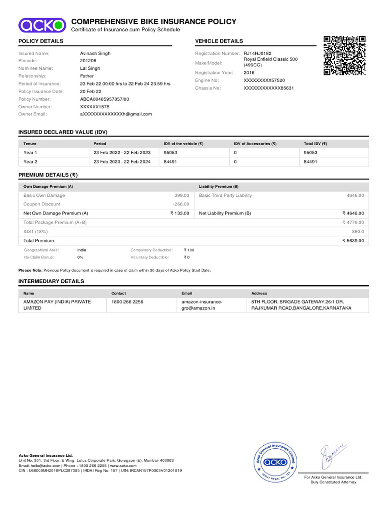 Acko Bike Policy - ABCA00485957057 - 00 | PDF | Insurance | Vehicle ...