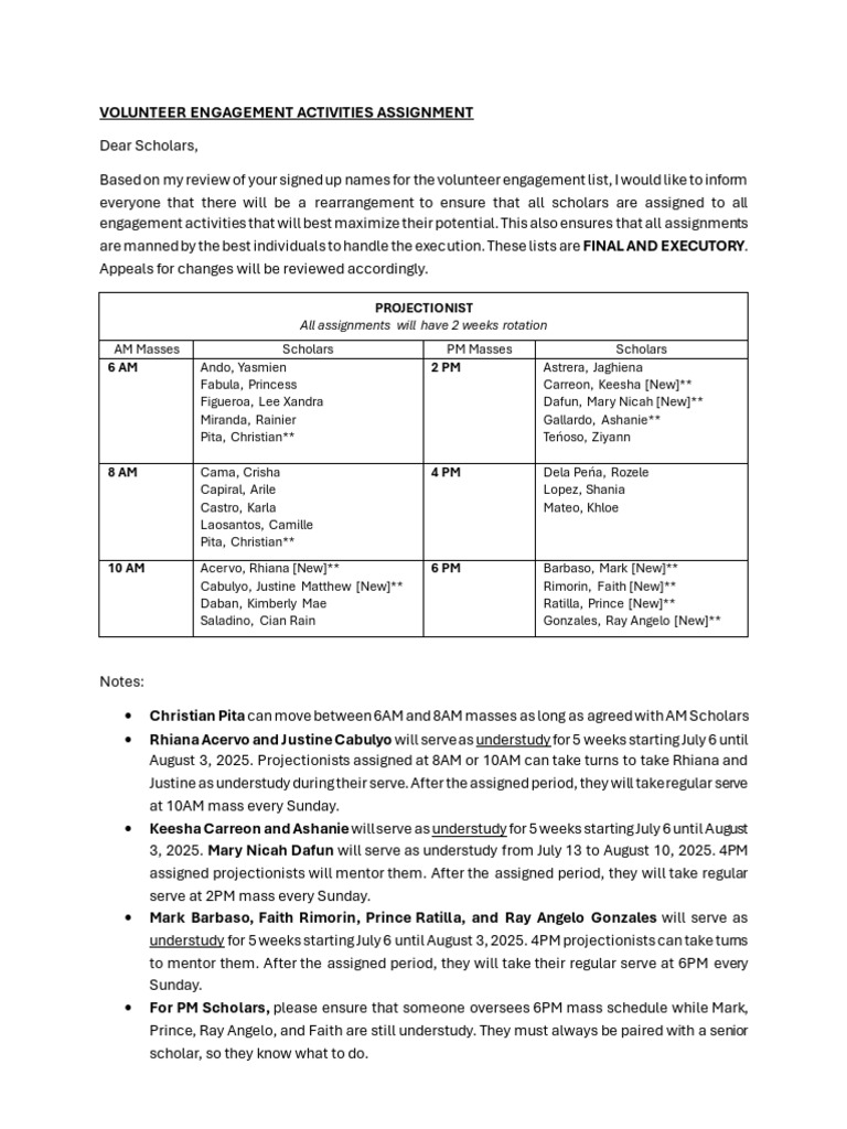 Volunteer Engagement Assignments Overview | PDF
