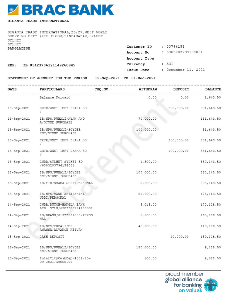 BRAC Bank Statement 11122021 | PDF | Economies | Services (Economics)