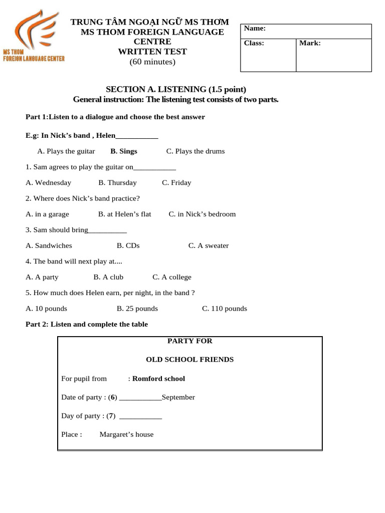 MS Thơm Foreign Language Test Guide | PDF | Grammar | Syntax