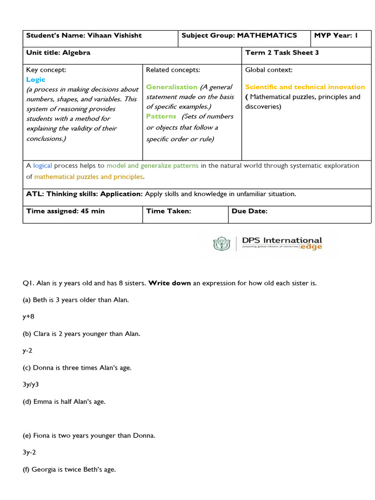 Algebra Task Sheet for MYP Year 1 | PDF | Numbers | Mathematics