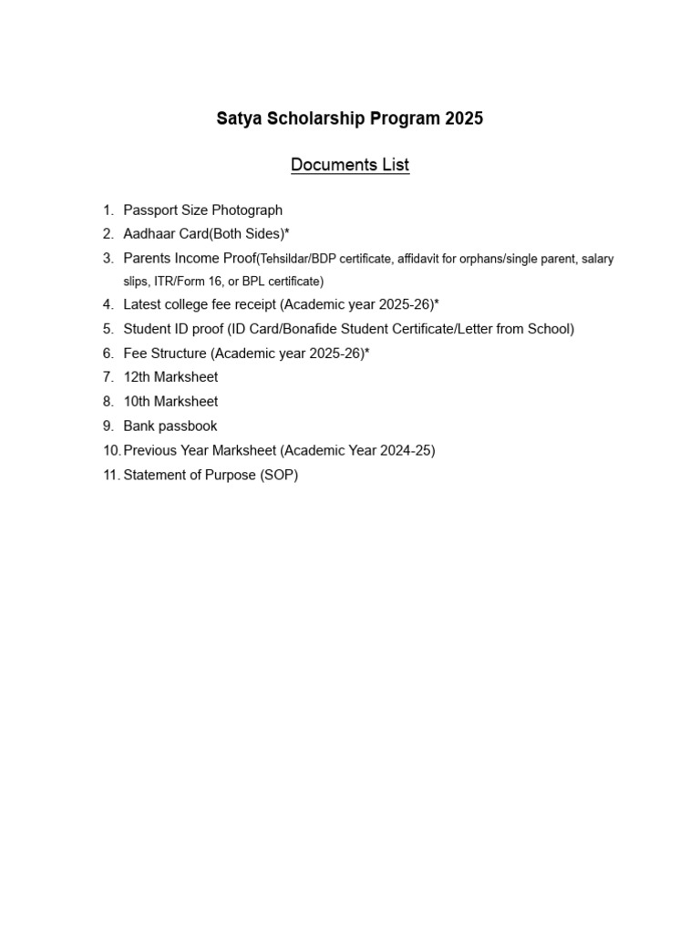 Satya Scholarship Program 2025 - Document List | PDF