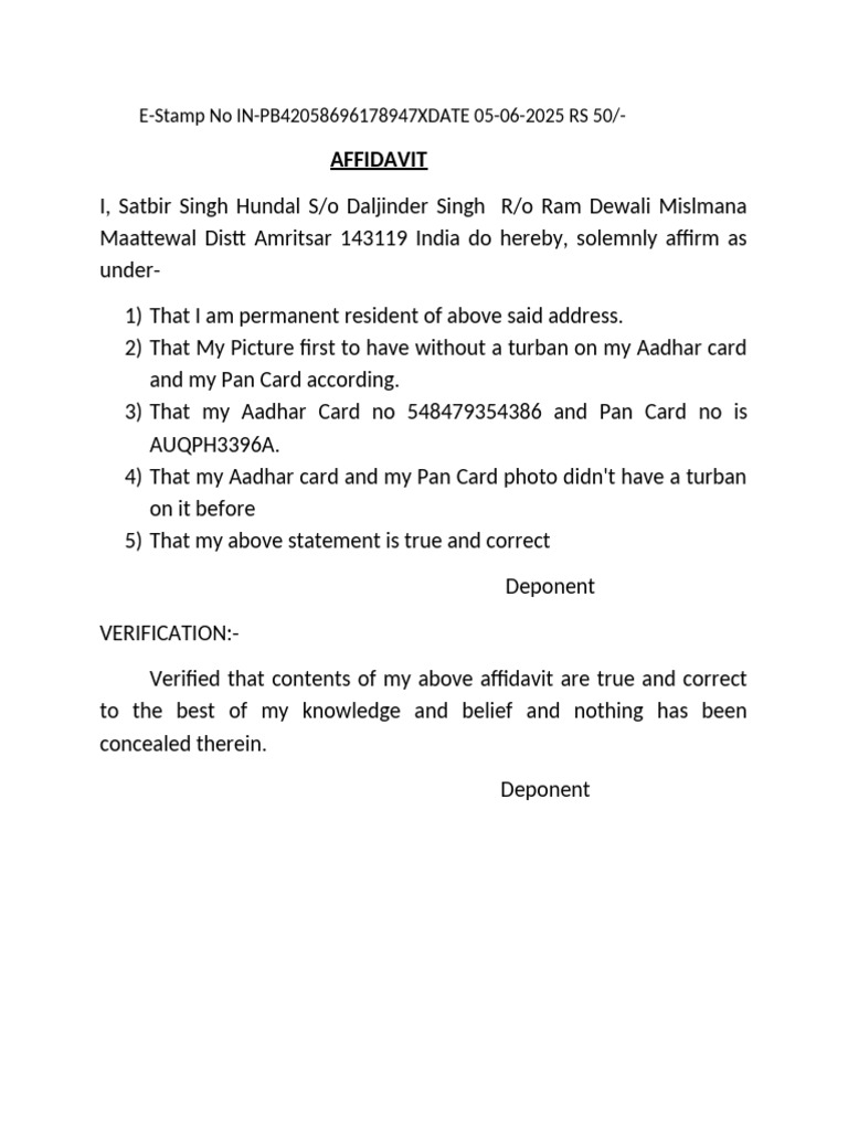 Affidavit: E-Stamp No IN-PB42058696178947XDATE 05-06-2025 RS 50 | PDF