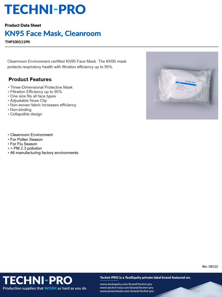 Techni-Pro TNP100111PK Cleanroom Mask KN95 Datasheet | PDF