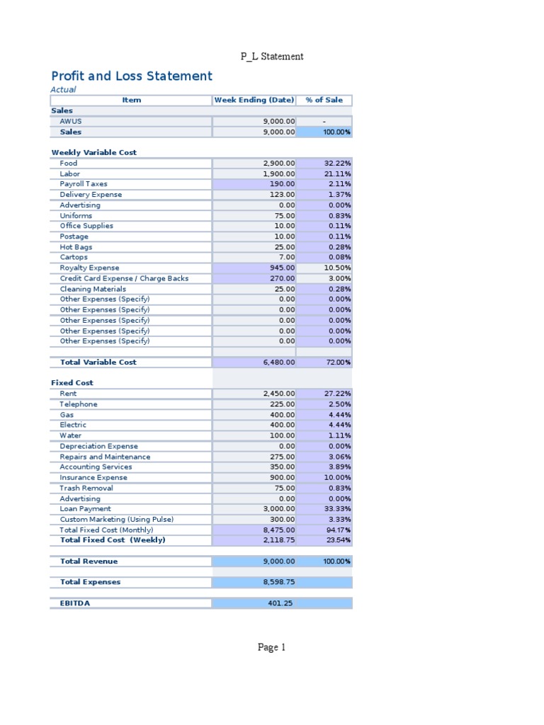 P&L Statement | PDF | Income Statement | Expense