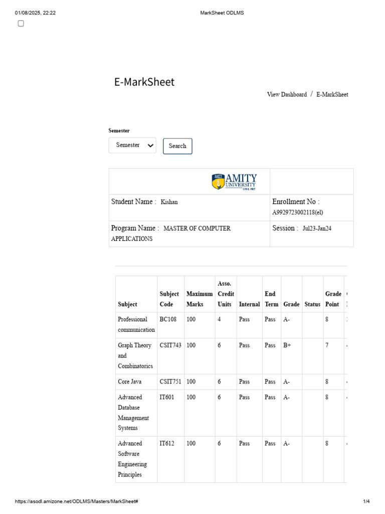 MarkSheet ODLMS Sem 1 | PDF | Course Credit