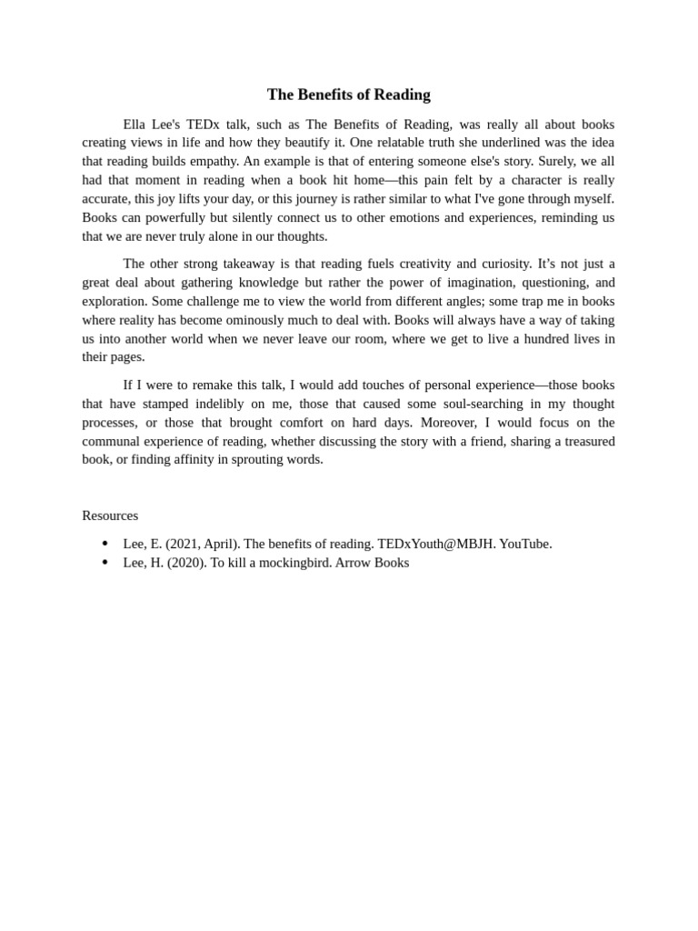 Benefits of Reading by Ella Lee | PDF