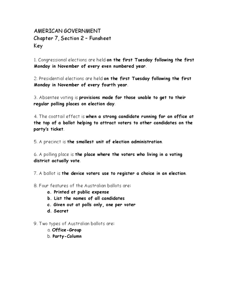 American Government Chapter 7, Section 2 - Funsheet Key | PDF