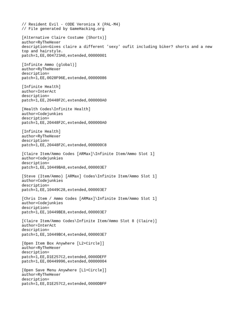 Resident Evil - CODE Veronica X (PAL-M4) .Pnach | PDF
