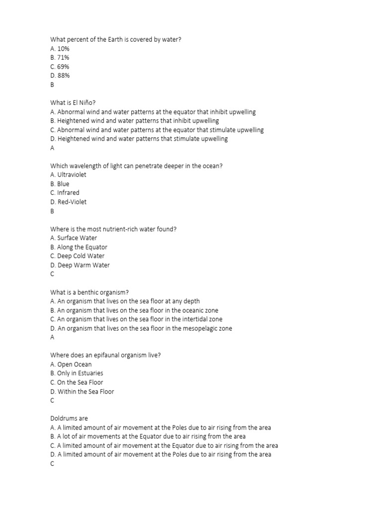 Marine Biology Quiz Questions and Answers | PDF | Sea | Oceans