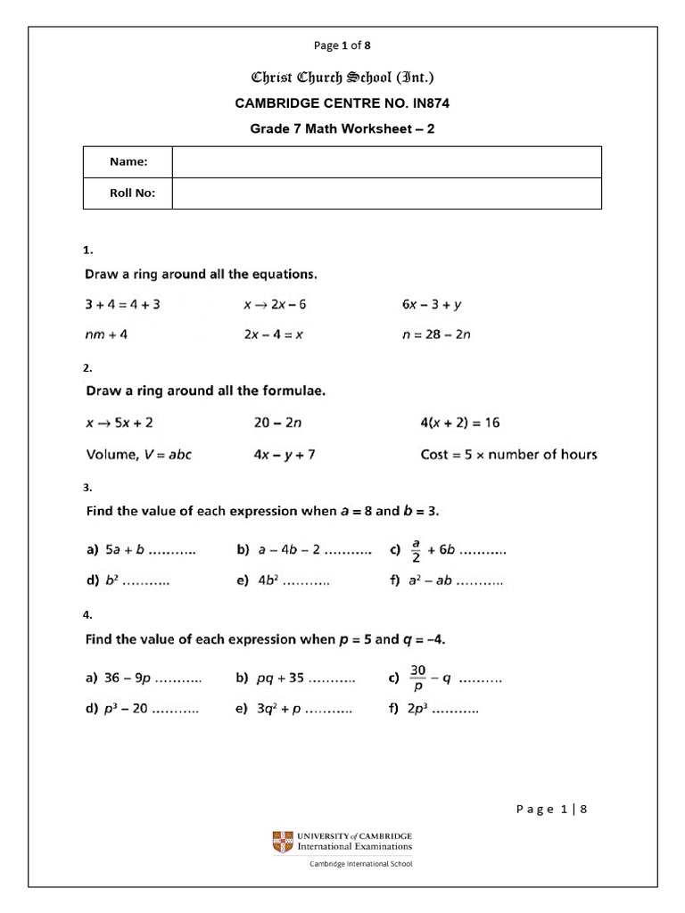 Grade 7 Math Worksheet 2 | PDF