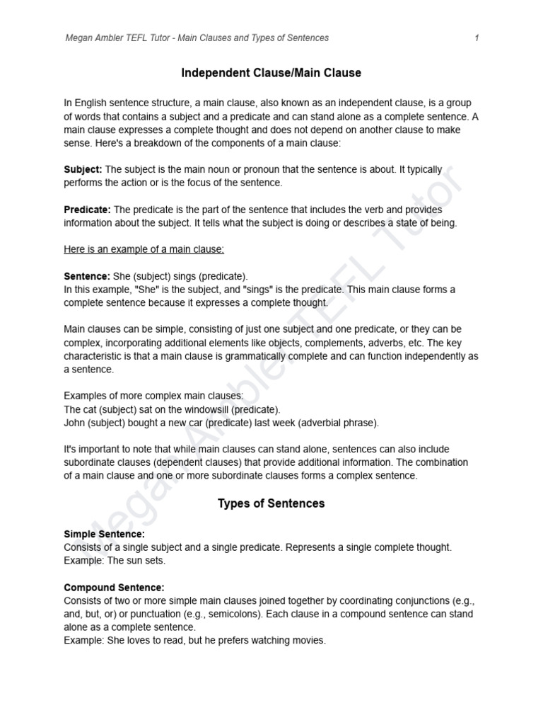 Understanding Main Clauses in English | PDF | Clause | Subject (Grammar)