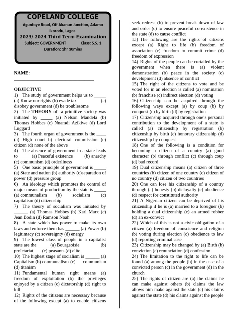 3rd Term Ss1 Exam Govt | PDF | Citizenship | Advocacy Group