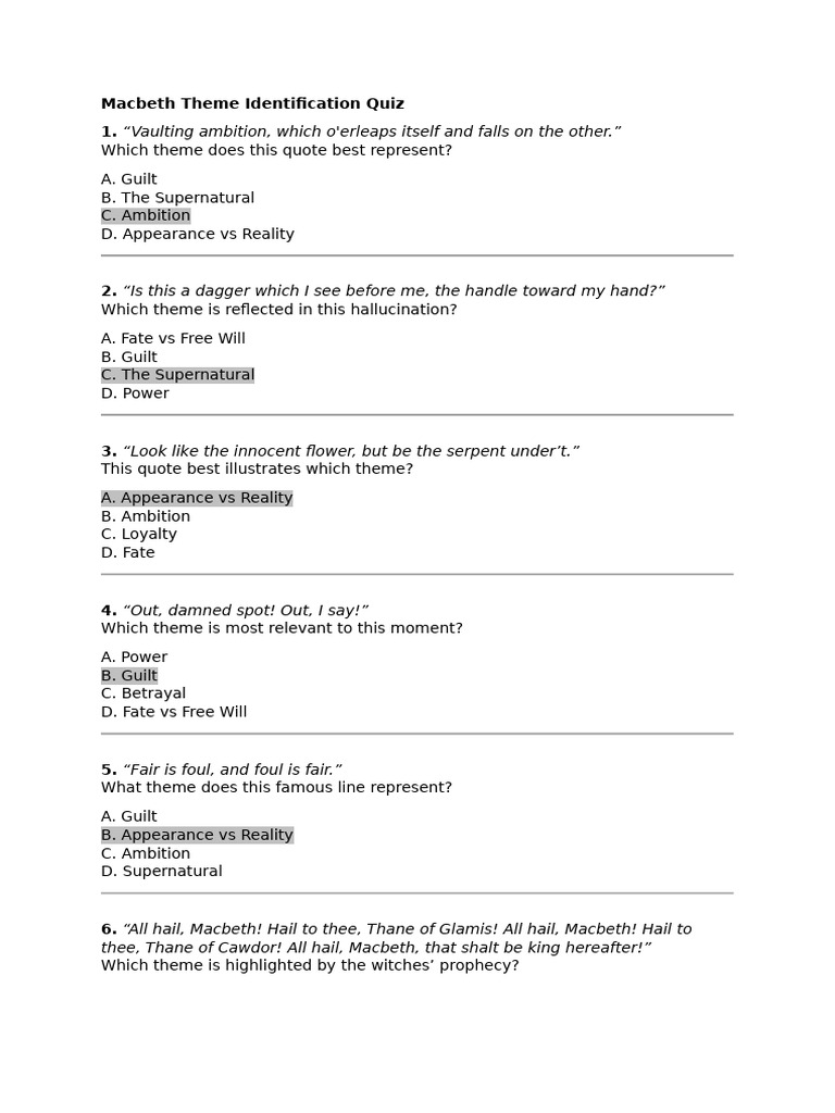 Macbeth Theme Identification Quiz | PDF
