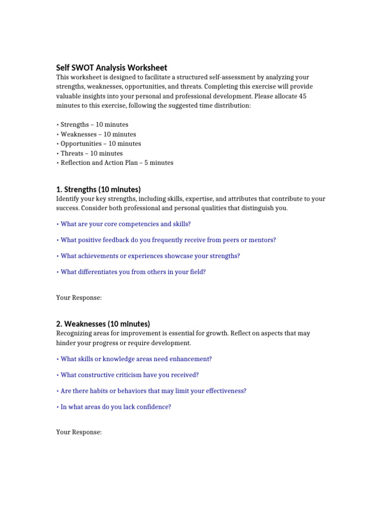 Self SWOT Analysis Worksheet Guide | PDF | Swot Analysis | Mentorship