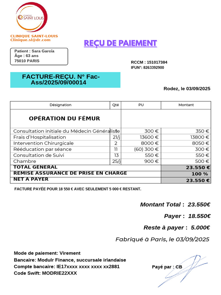 Facture d'hospitalisation à payer en France | PDF