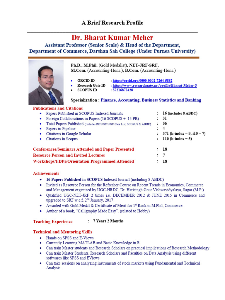 Resume of Dr. Bharat Kumar Meher | PDF | Volatility (Finance) | Business