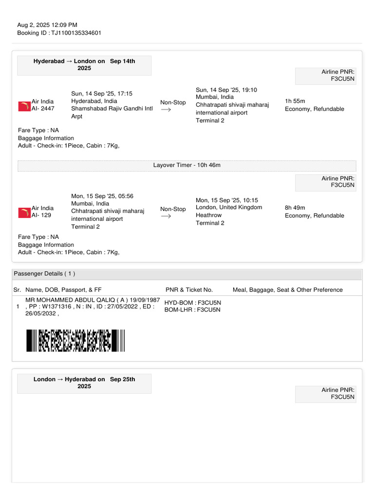 Air India Flight Details for PNR F3CU5N | PDF | Aviation | Transport