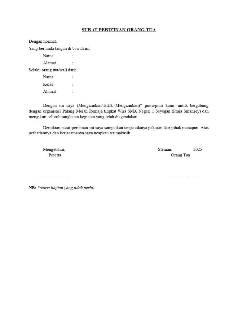 Surat Perizinan Orang Tua Palang Merah | PDF