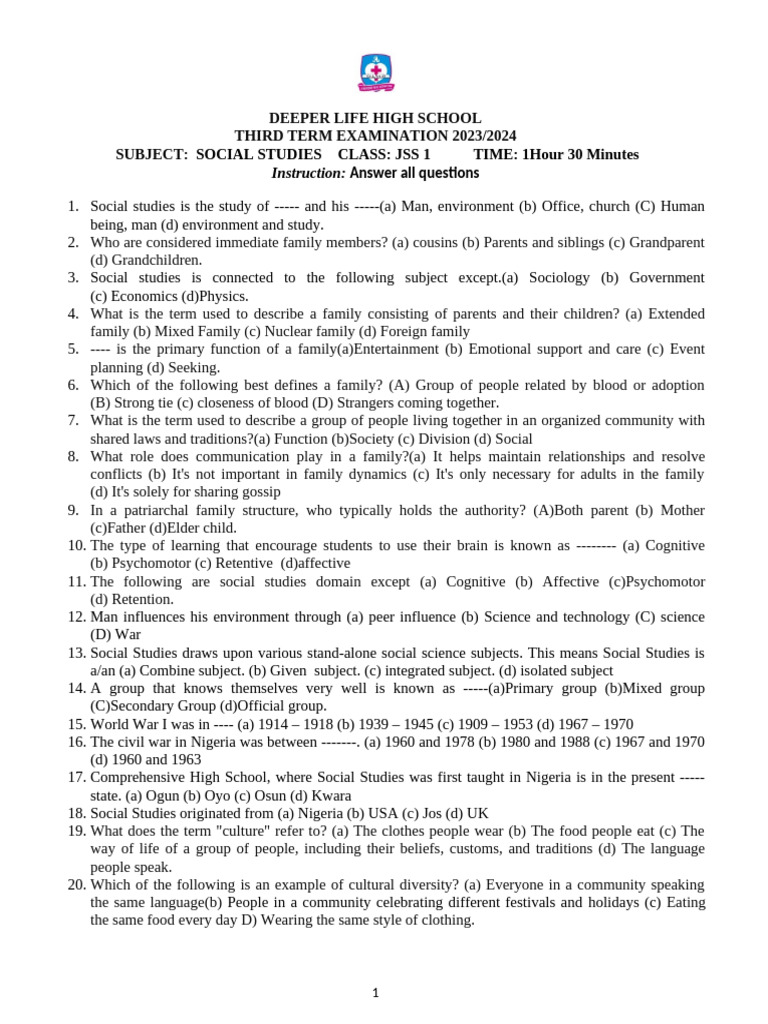 JSS1 Social Studies Exam Questions | PDF | Socialization | Family