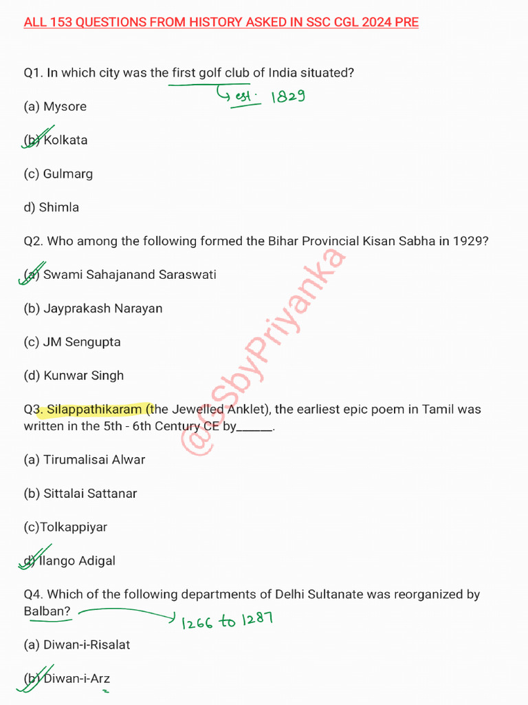 Ssc Cgl 2024 Pre History Questions -Output (1) | PDF