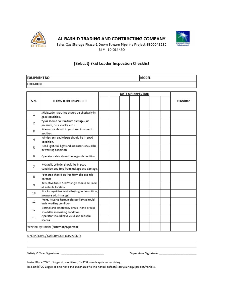 Bobcat Skid Loader Inspection Checklist | PDF