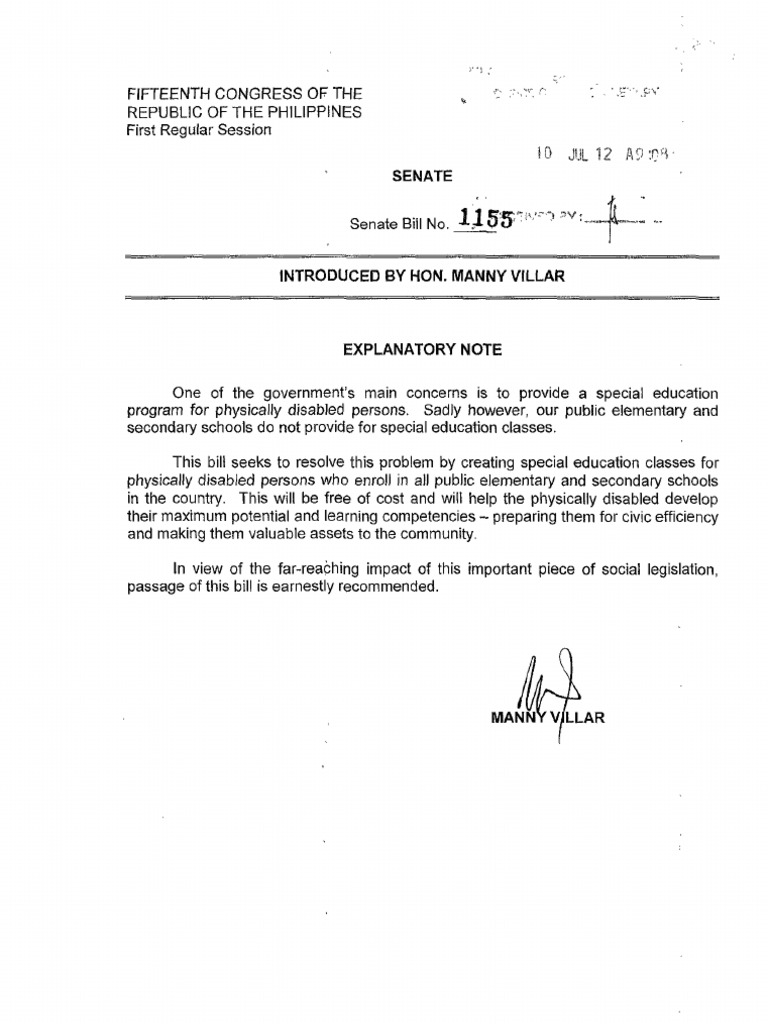 Senate Bill 1155 Fifteenth Congress | PDF | Special Education | Curriculum