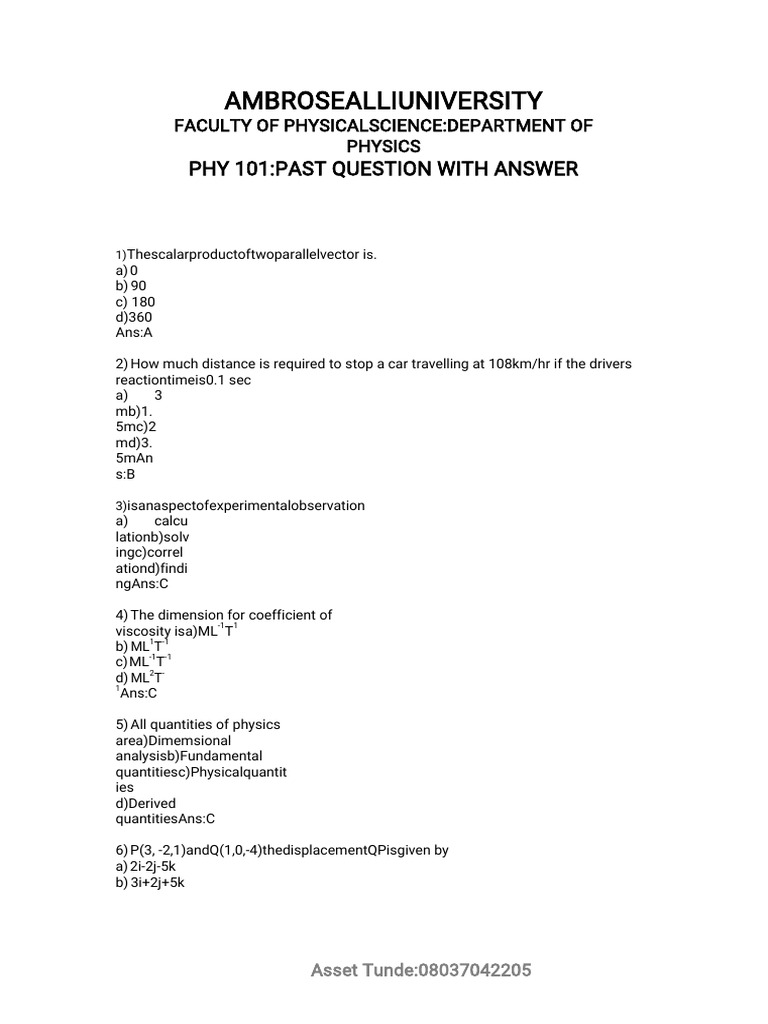 Team Asset PHY 101 Past Questions | PDF
