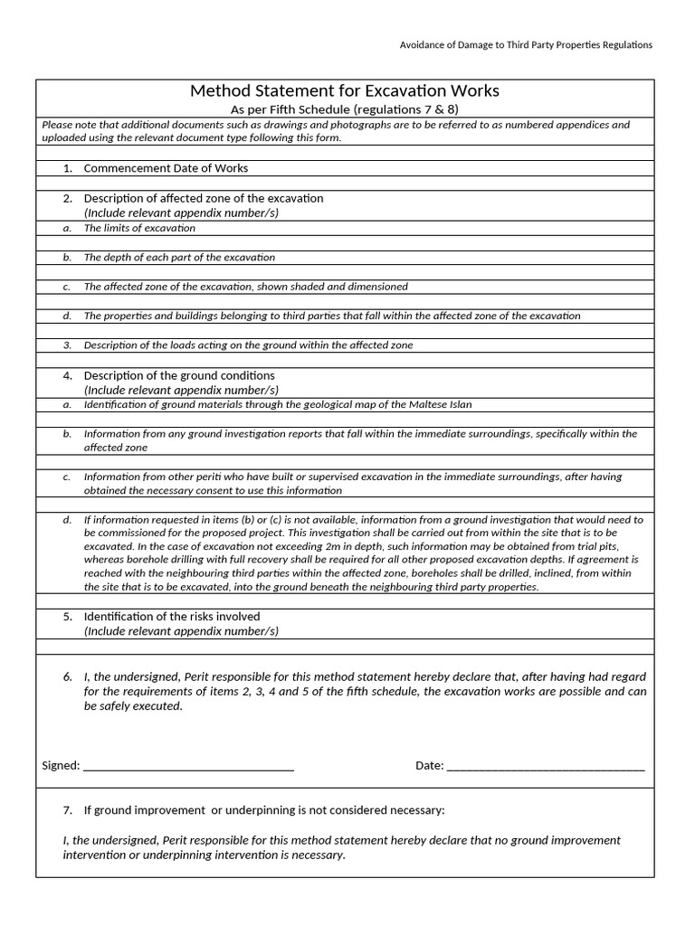 Method Statement For Excavation Works | PDF