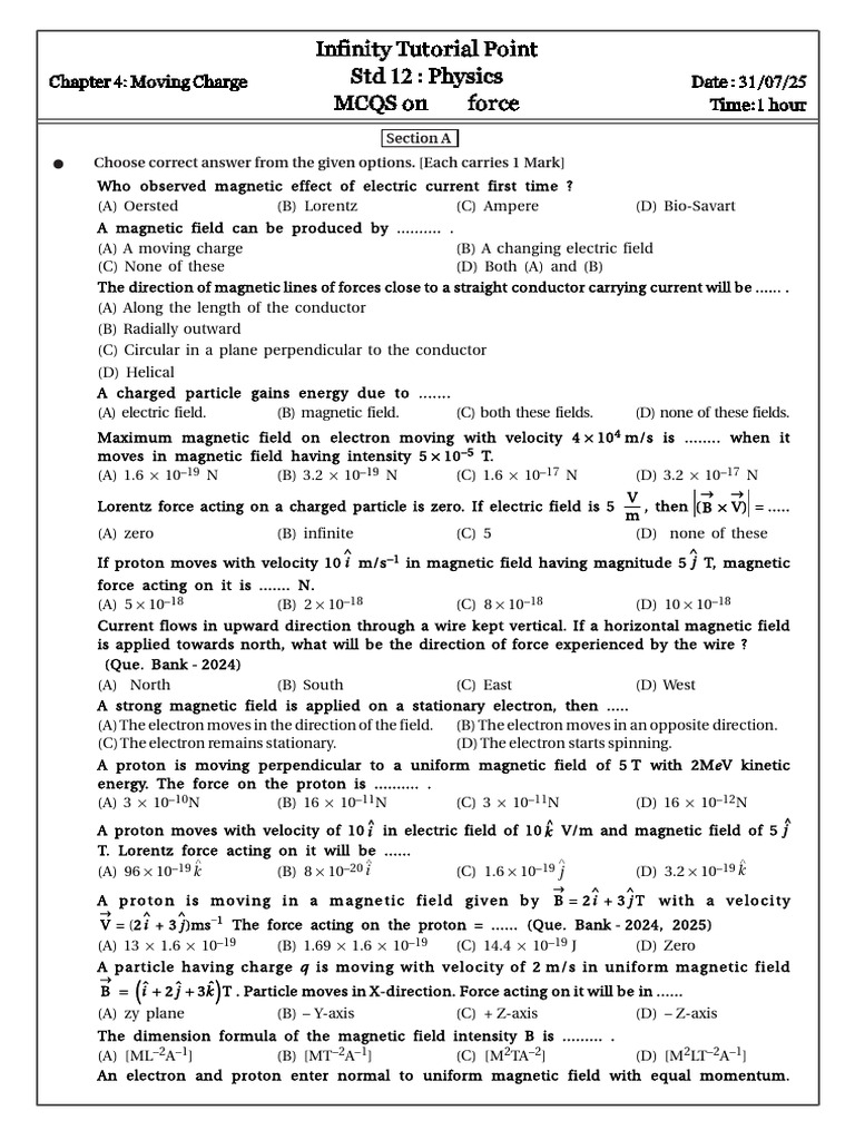 MCQs on Moving Charge in Physics | PDF | Magnetic Field | Electron