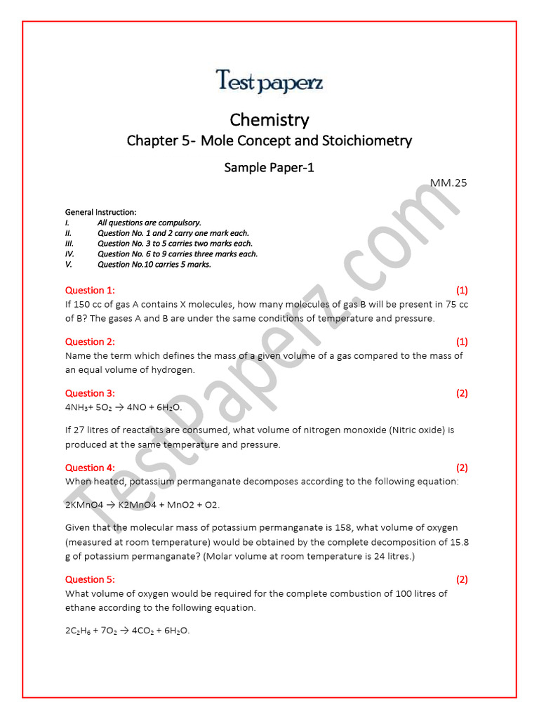 Mole Concept Paper 1 (1) | PDF | Gases | Chemical Process Engineering