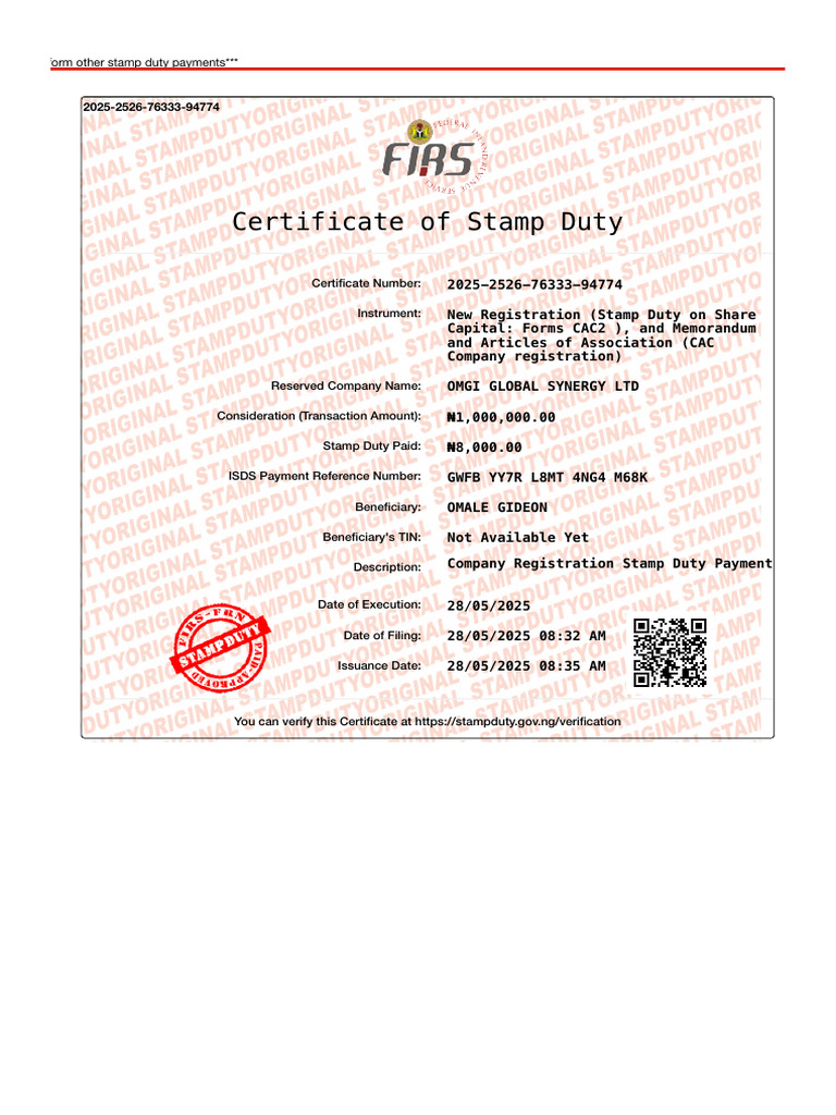 Stamp Duty Certificate - Stampduty - Gov.ng | PDF