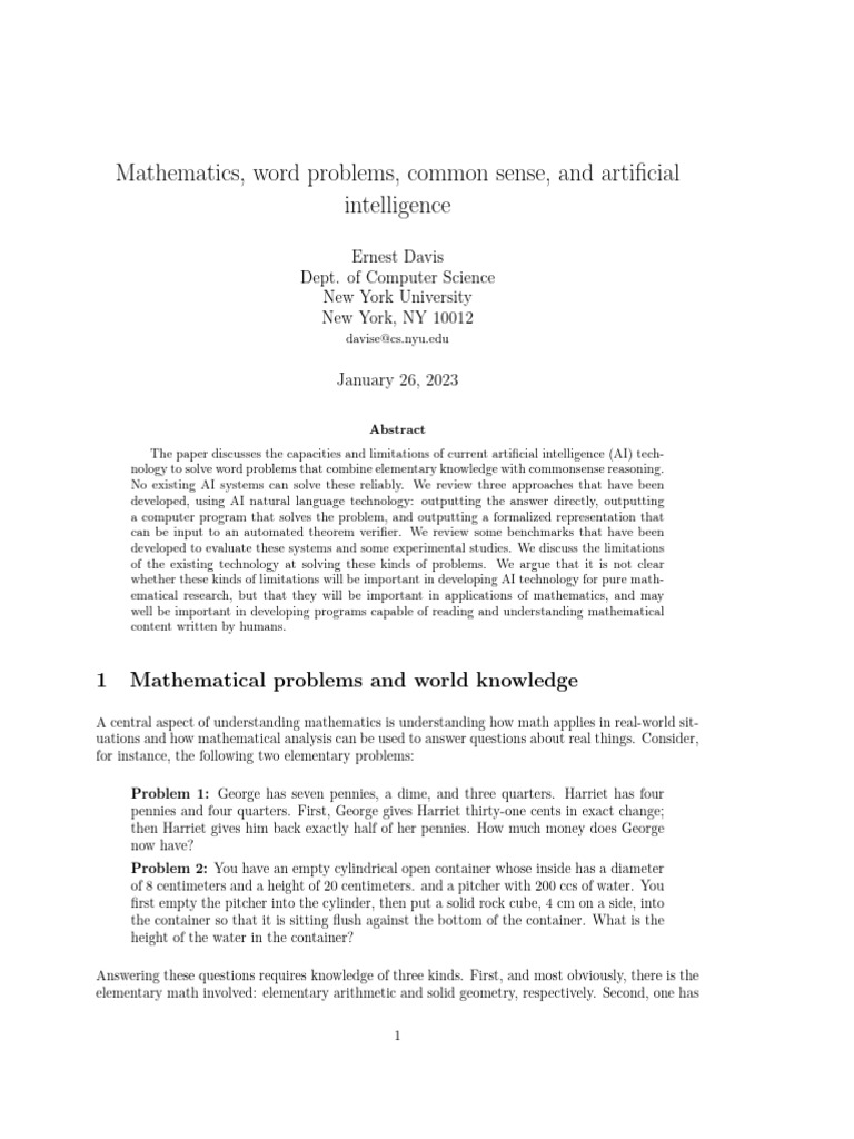Mathematics, Word Problems, Common Sense, and Artificial Intelligence ...