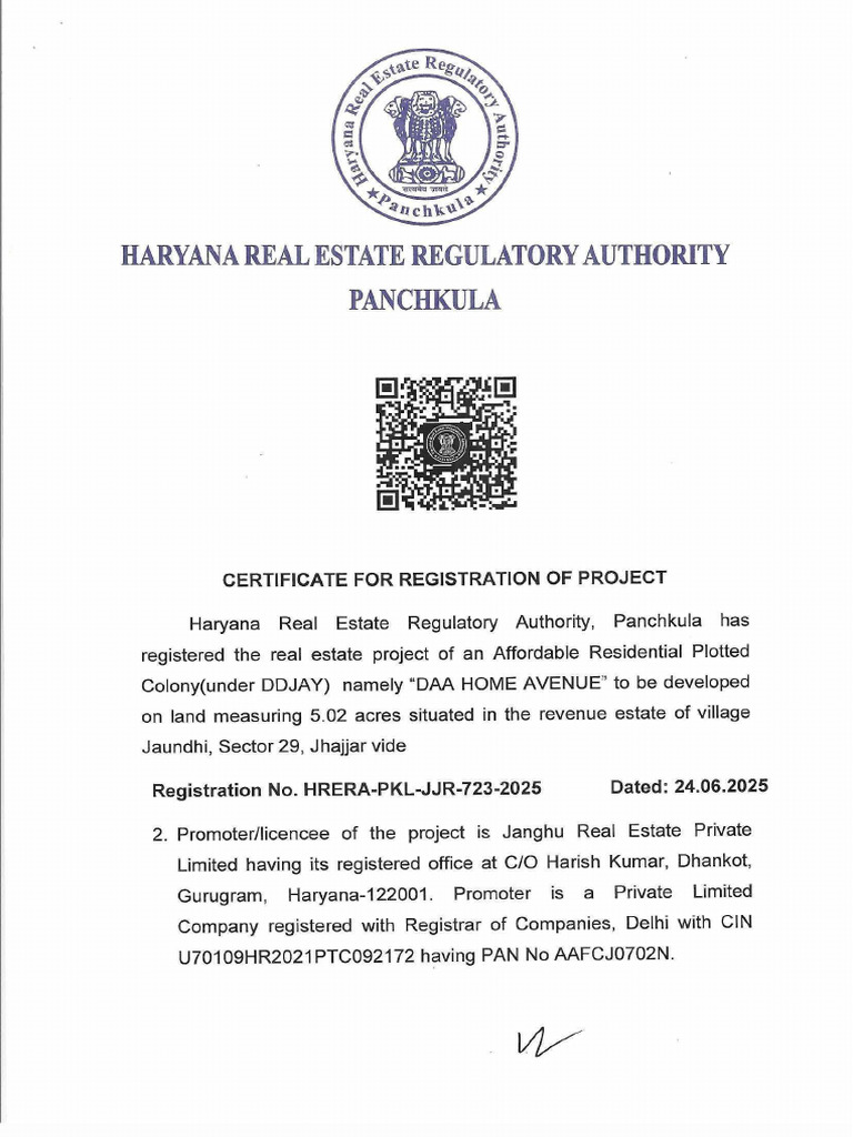 DAA Home Avenue RERA Certificate | PDF