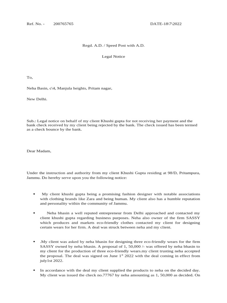 General Legal Notice Draft Fateh Singh. | PDF | Justice | Crime & Violence