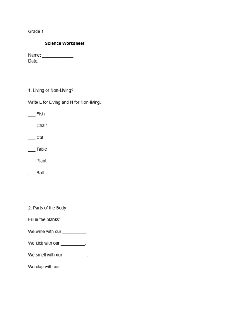 Grade 1 Science Worksheet Activities | PDF